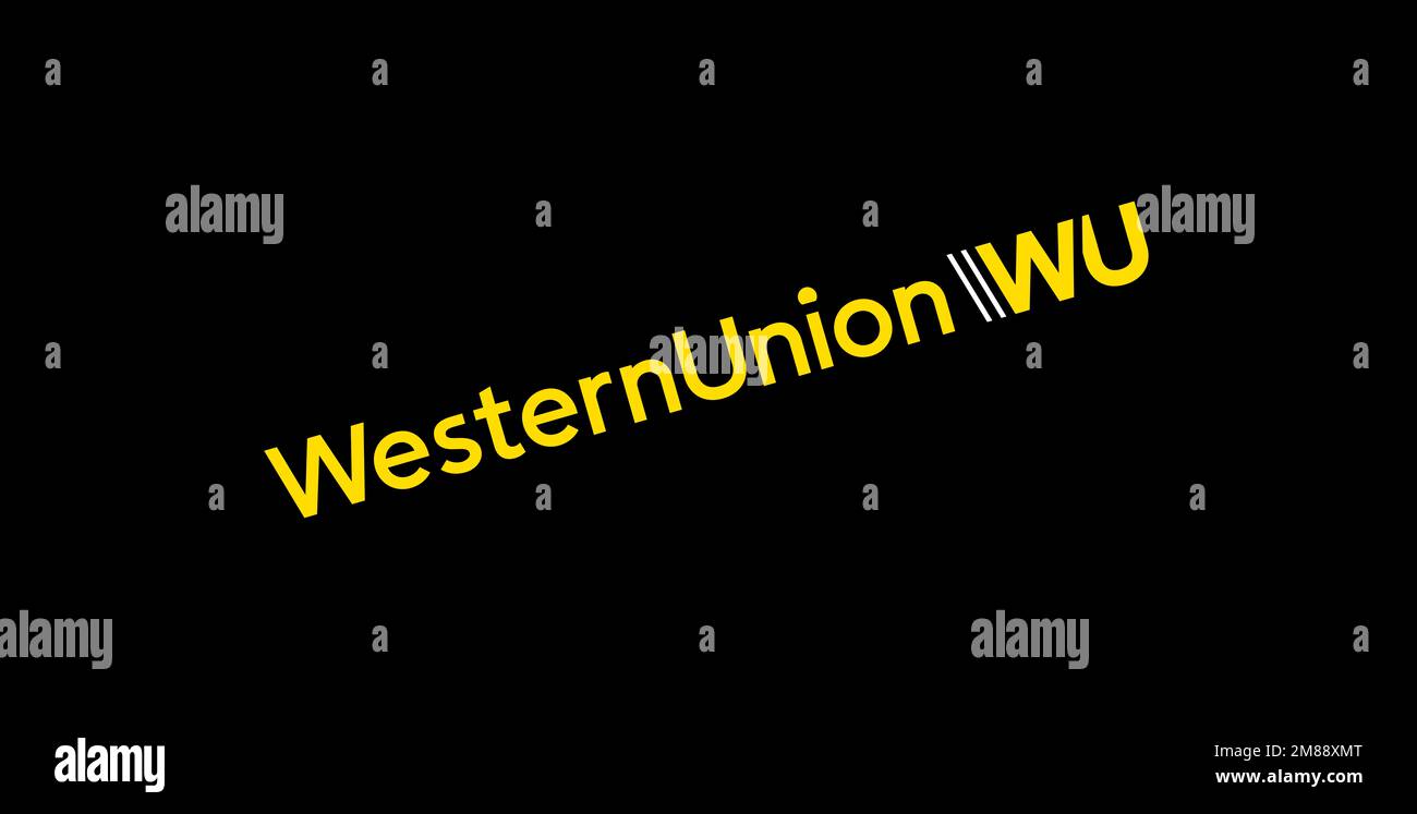 Western Union, rotated logo, black background Stock Photo - Alamy