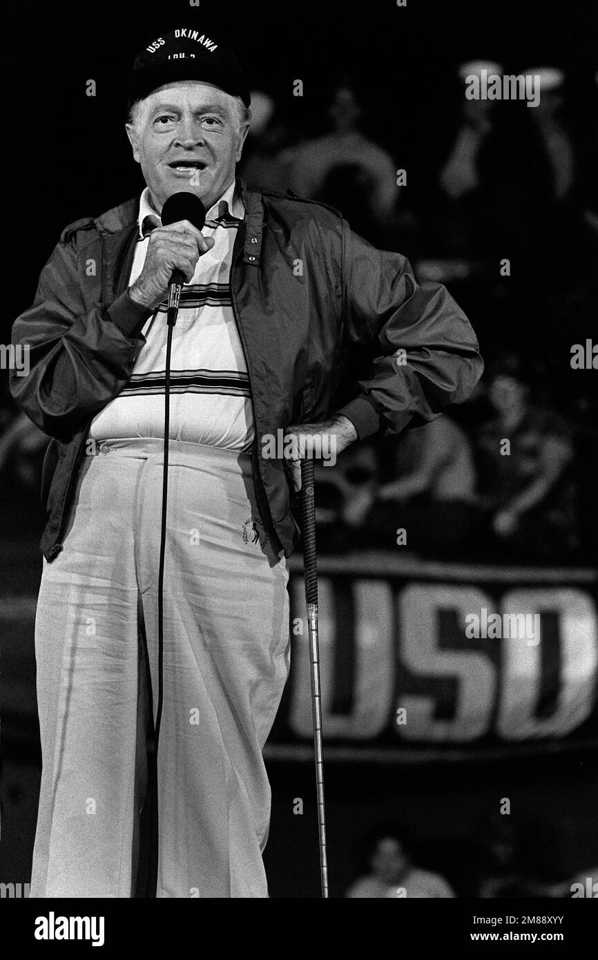 Comedian Bob Hope performs aboard the amphibious assault ship USS ...