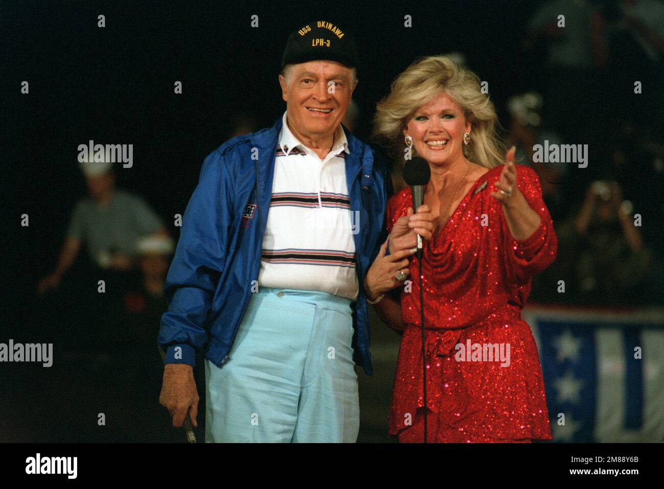 Entertainer Bob Hope and singer Connie Stevens perform for sailors ...