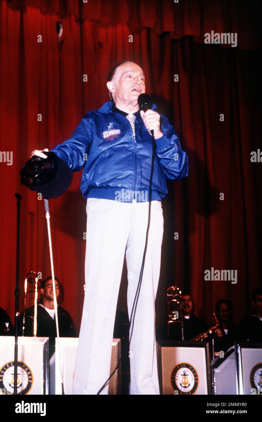 Comedian Bob Hope hosts a United Service Organizations (USO) show in ...