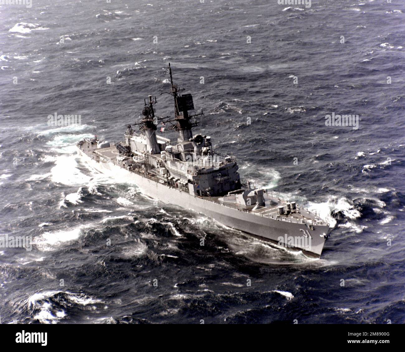 A starboard bow view of the guided missile cruiser USS STERRETT (CG-31 ...