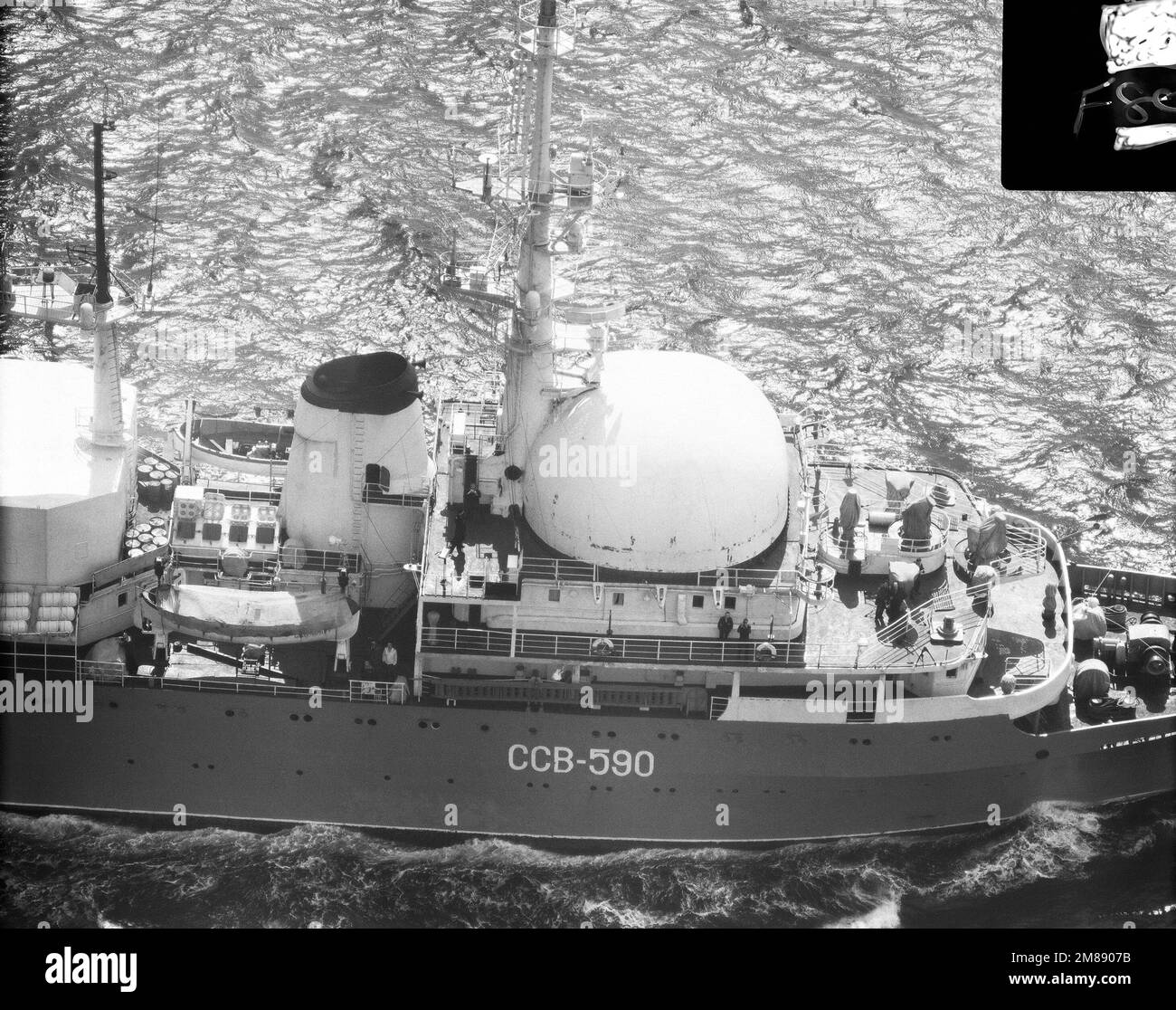 A starboard side amidships view of the Soviet Primorye class ...