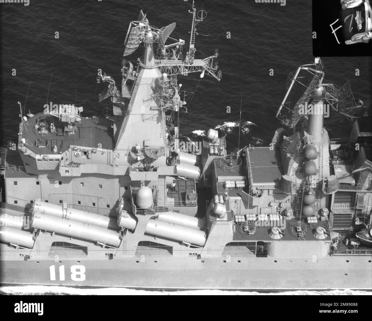 A partial aerial port side view of the Soviet Slava class guided ...