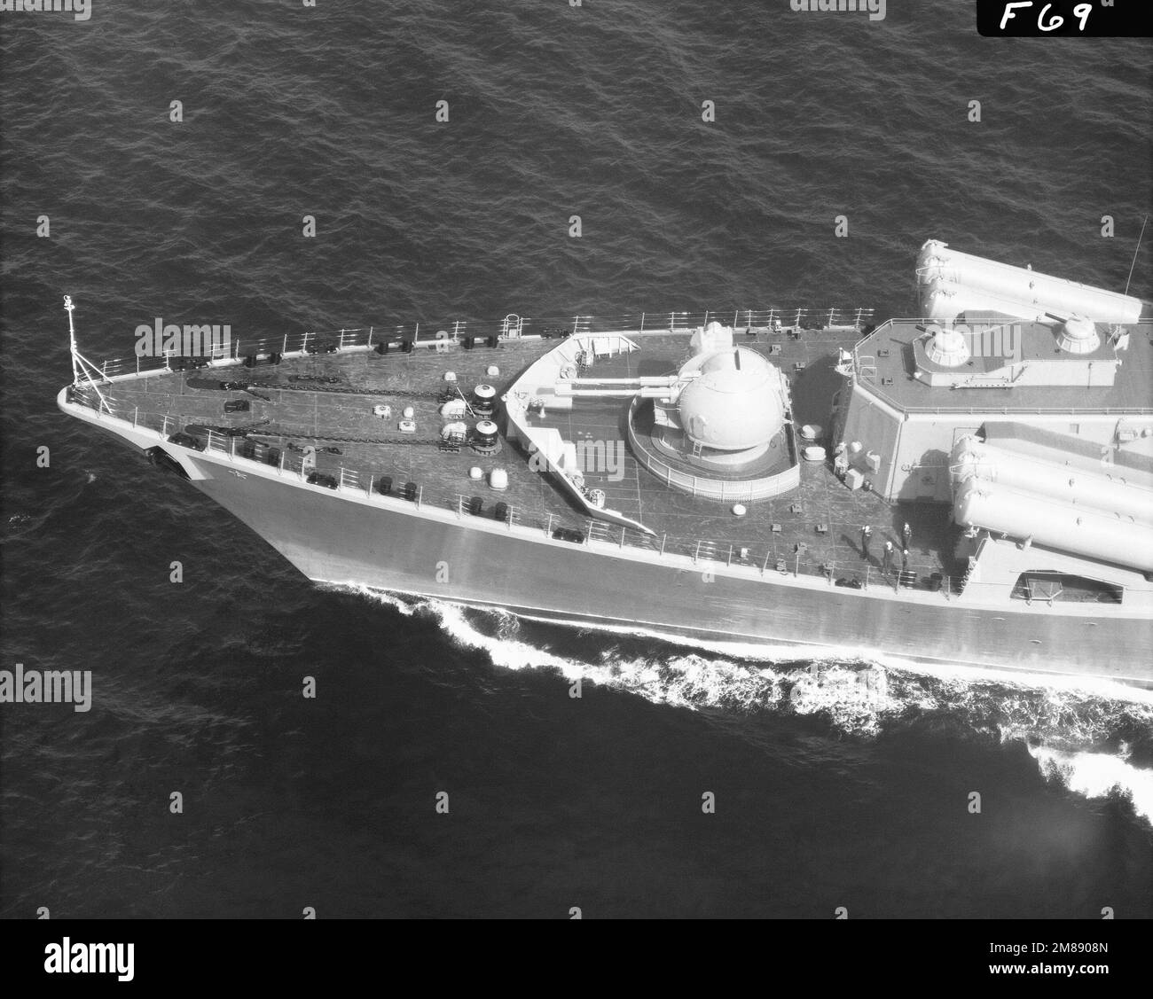 A partial aerial port side view of the Soviet Slava class guided ...
