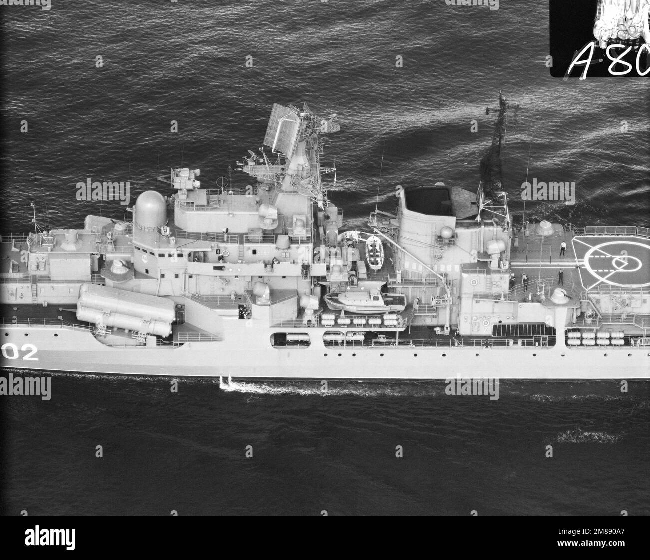 A port side amidships view of the Soviet guided missile destroyer ...