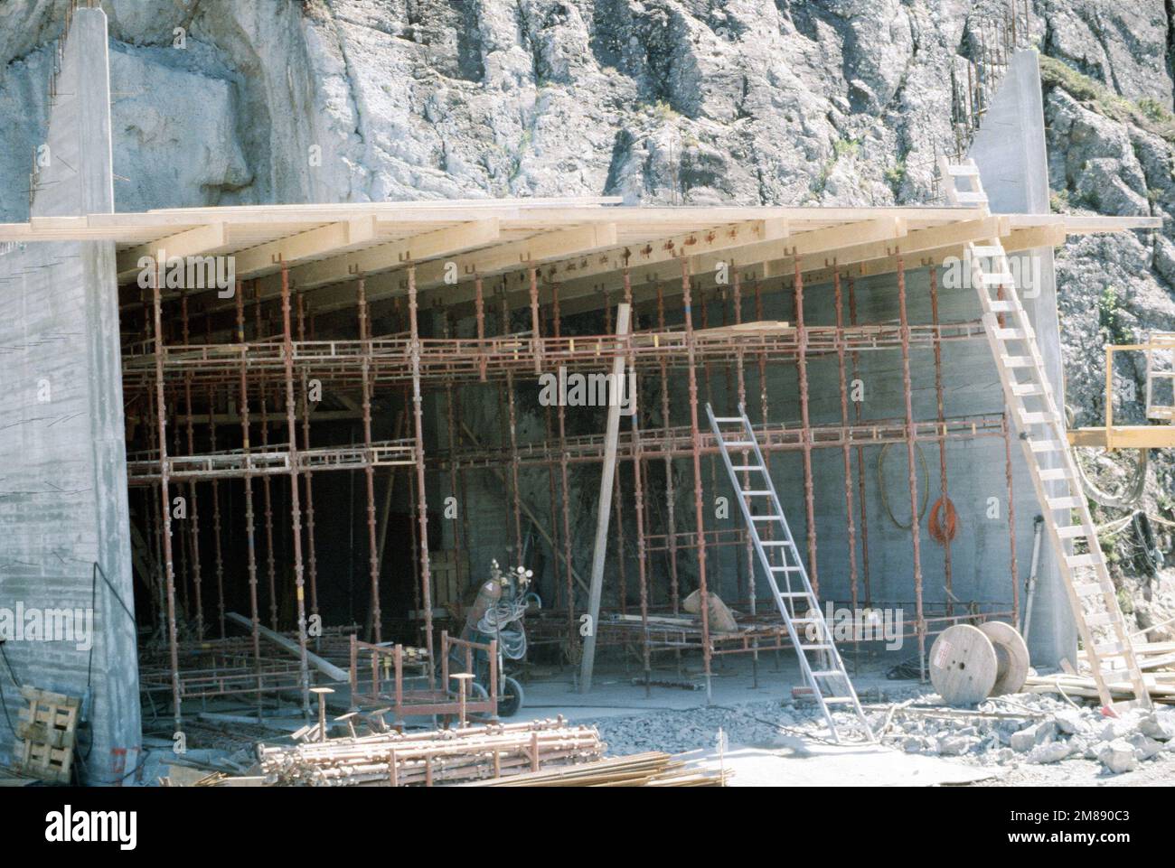 A view of braces which support a concrete entryway to pre-positioning ...
