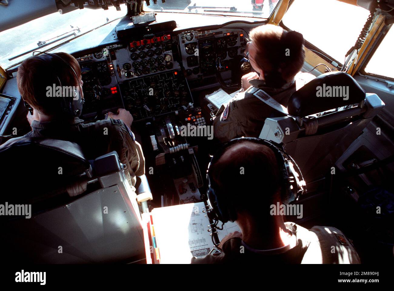 An interior view of the cockpit of a KC-135 Stratotanker aircraft ...