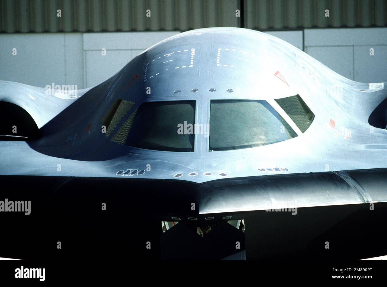 A close-up front view of the B-2 Advanced Technology Bomber aircraft ...