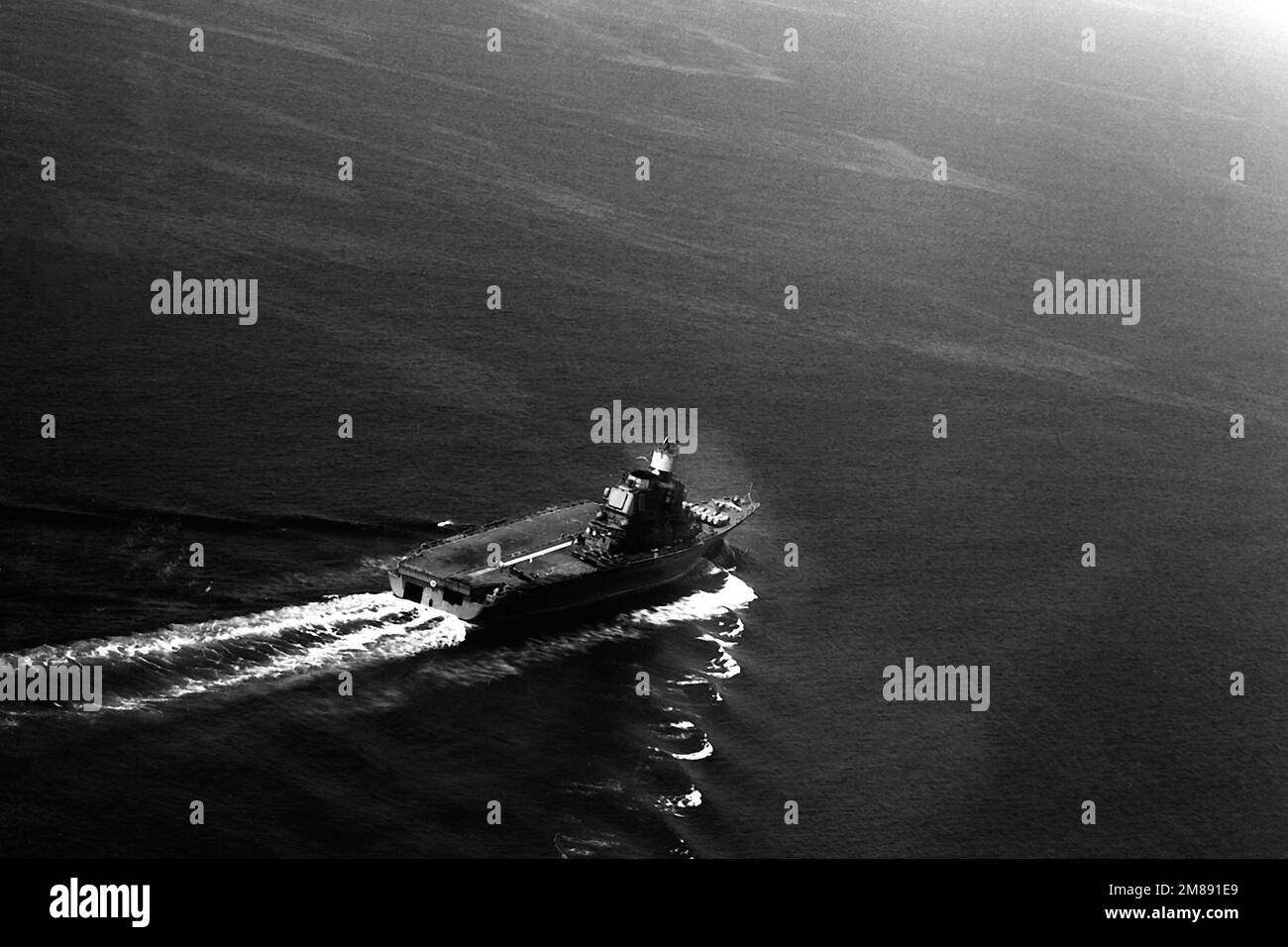 An aerial starboard quarter view of the Soviet aircraft carrier BAKU ...