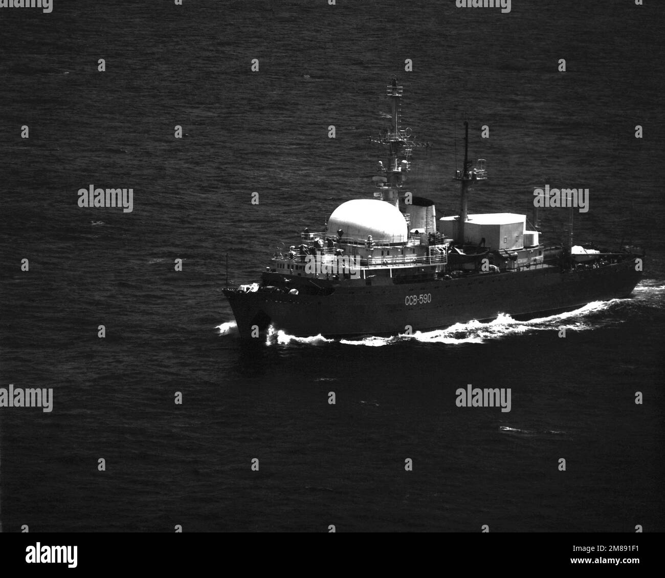 A port bow view of the Soviet Primorye class intelligence collection ...