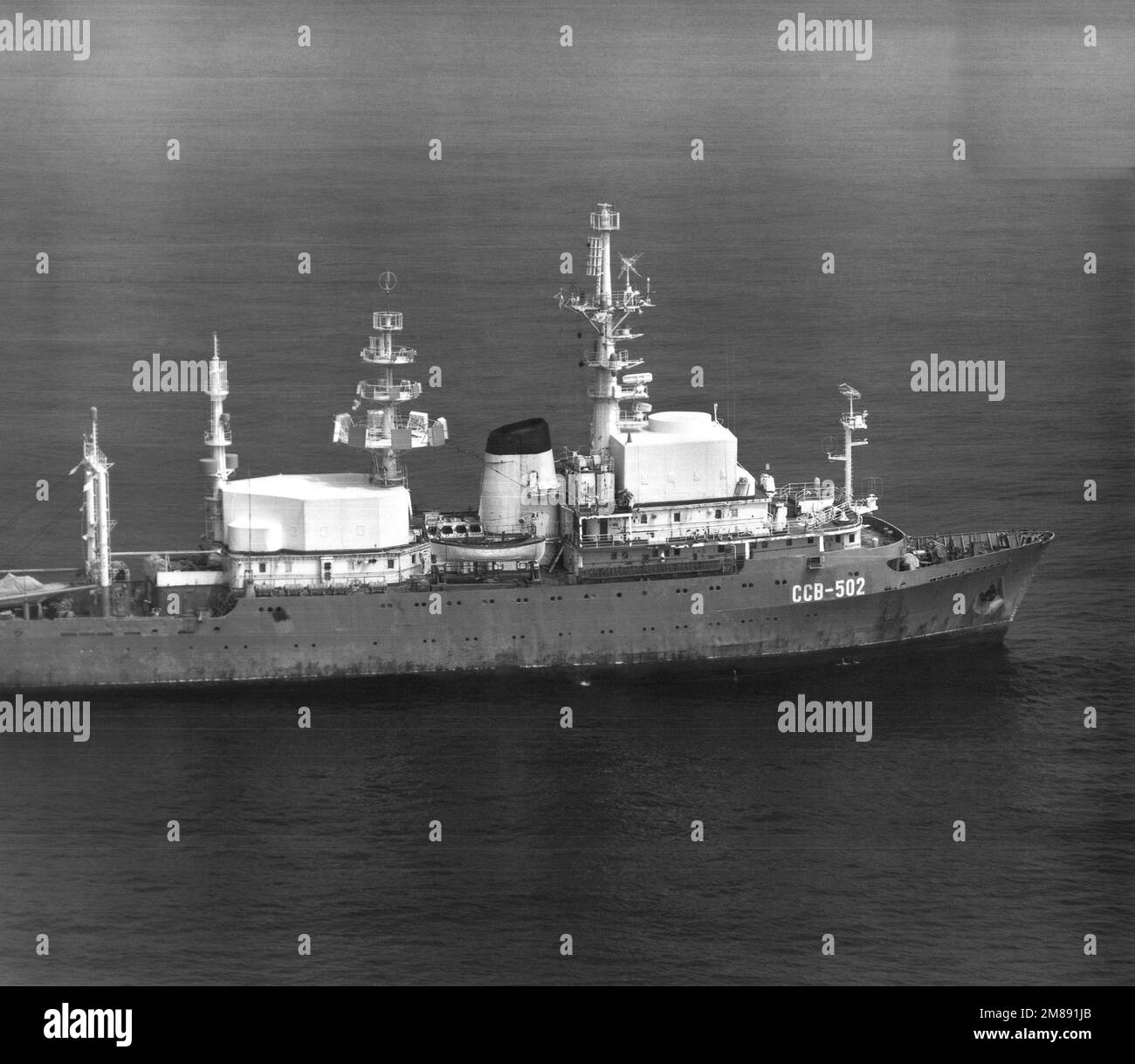 A starboard beam view of the Soviet Primorye class intelligence ...