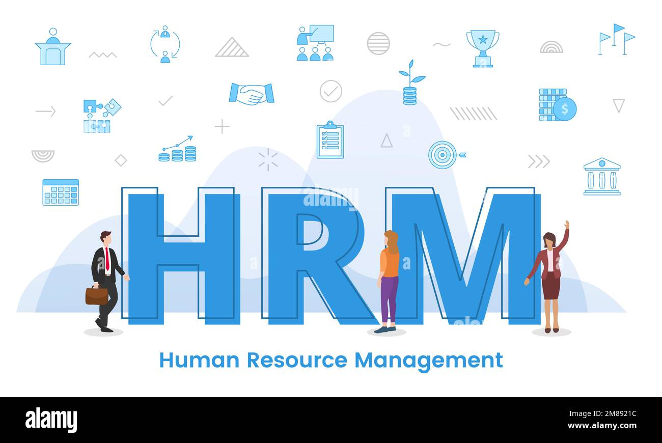 hrm human resource management concept with big words and people surrounded by related icon with ...