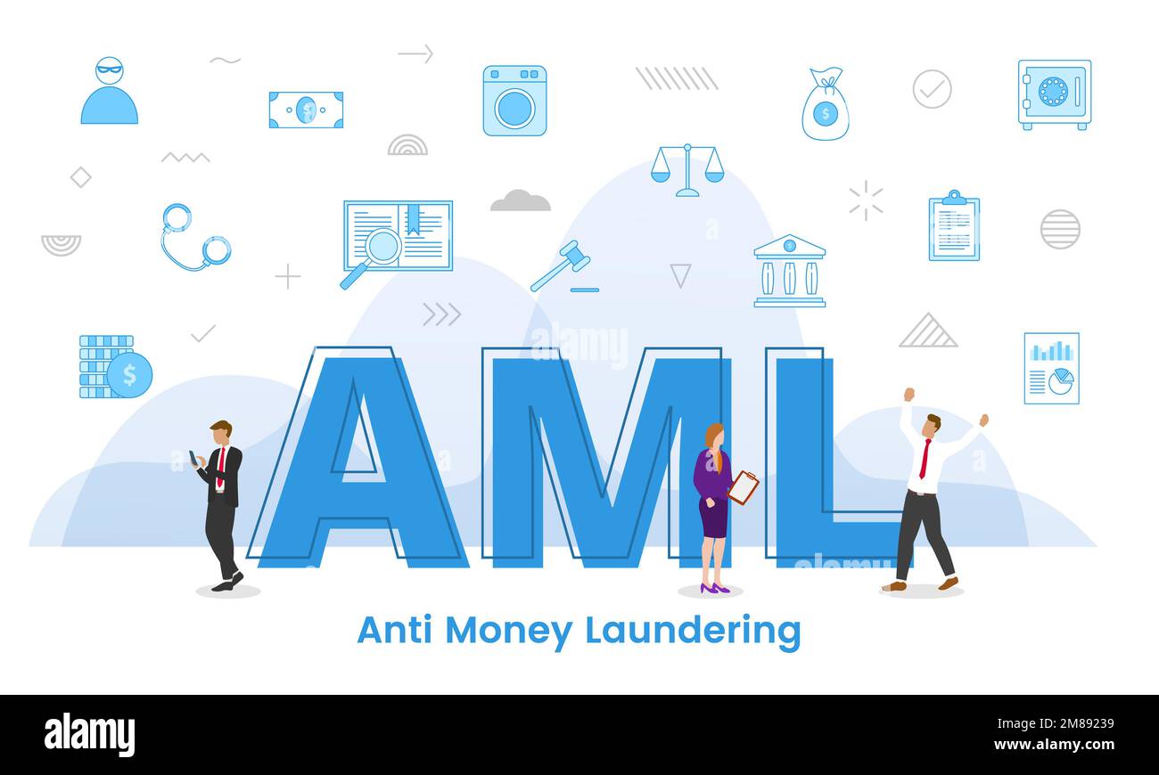 aml anti money laundering concept with big words and people surrounded ...
