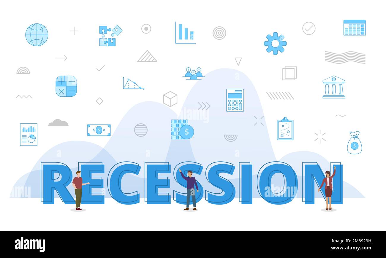 recession concept with big words and people surrounded by related icon ...
