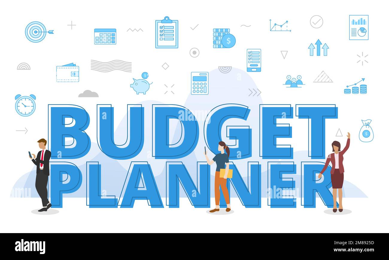 budget planner concept with big words and people surrounded by related ...