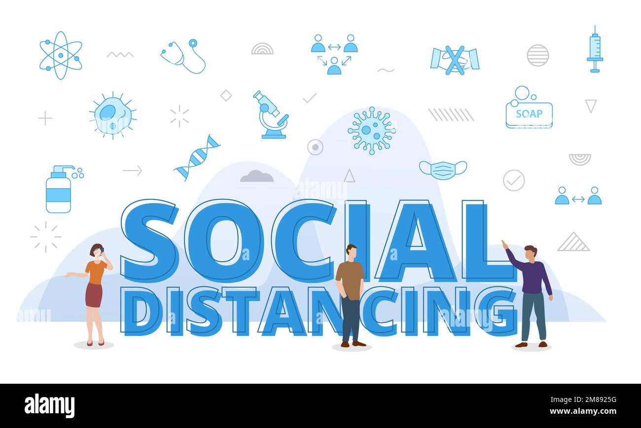 social distancing concept with big words and people surrounded by ...