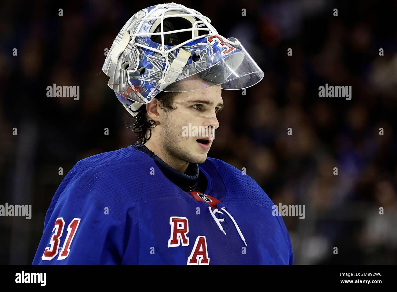 New York Rangers goaltender Igor Shesterkin (31) reacts against the ...