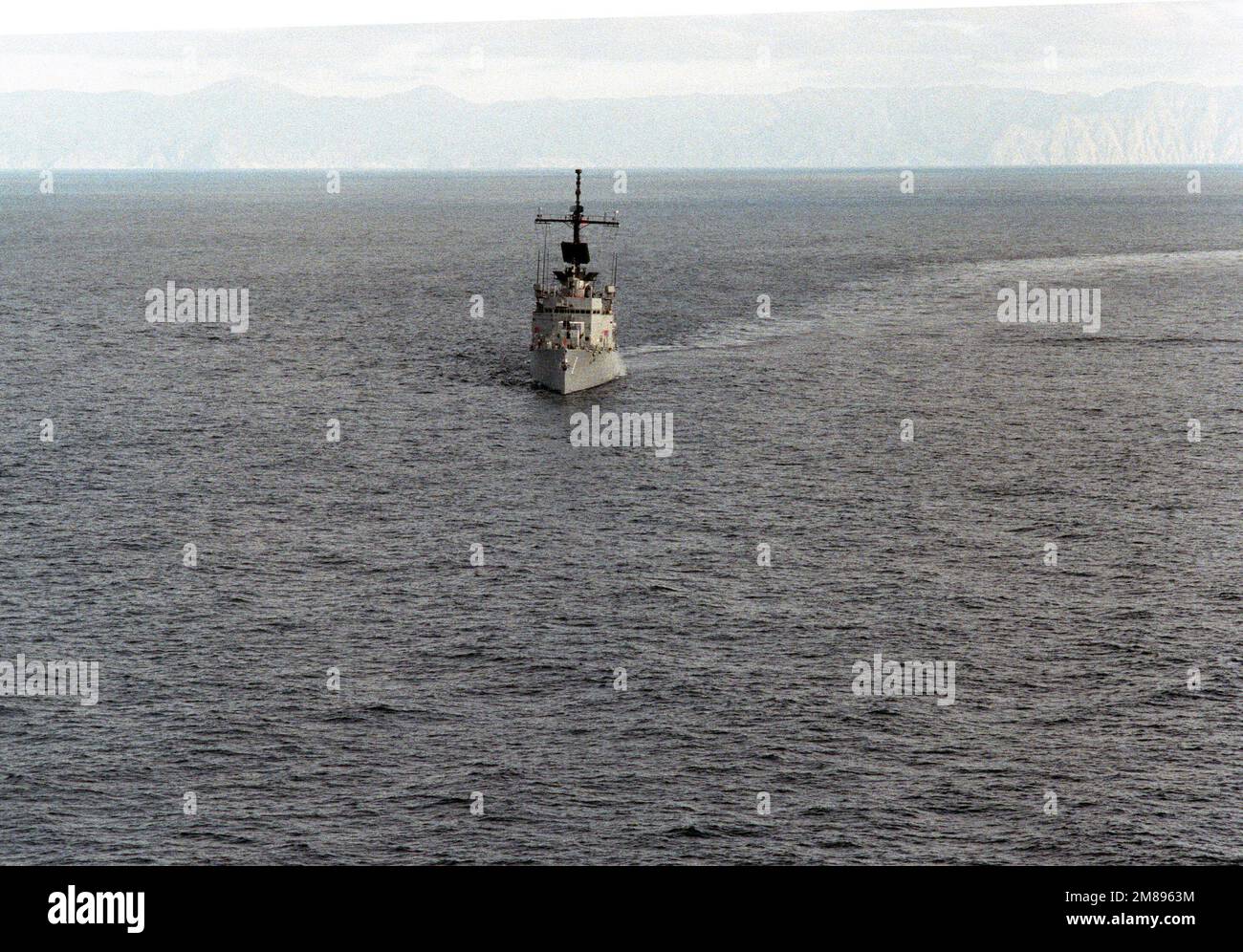 Head-on aerial view of the US Navy's first guided missile frigate, the ...