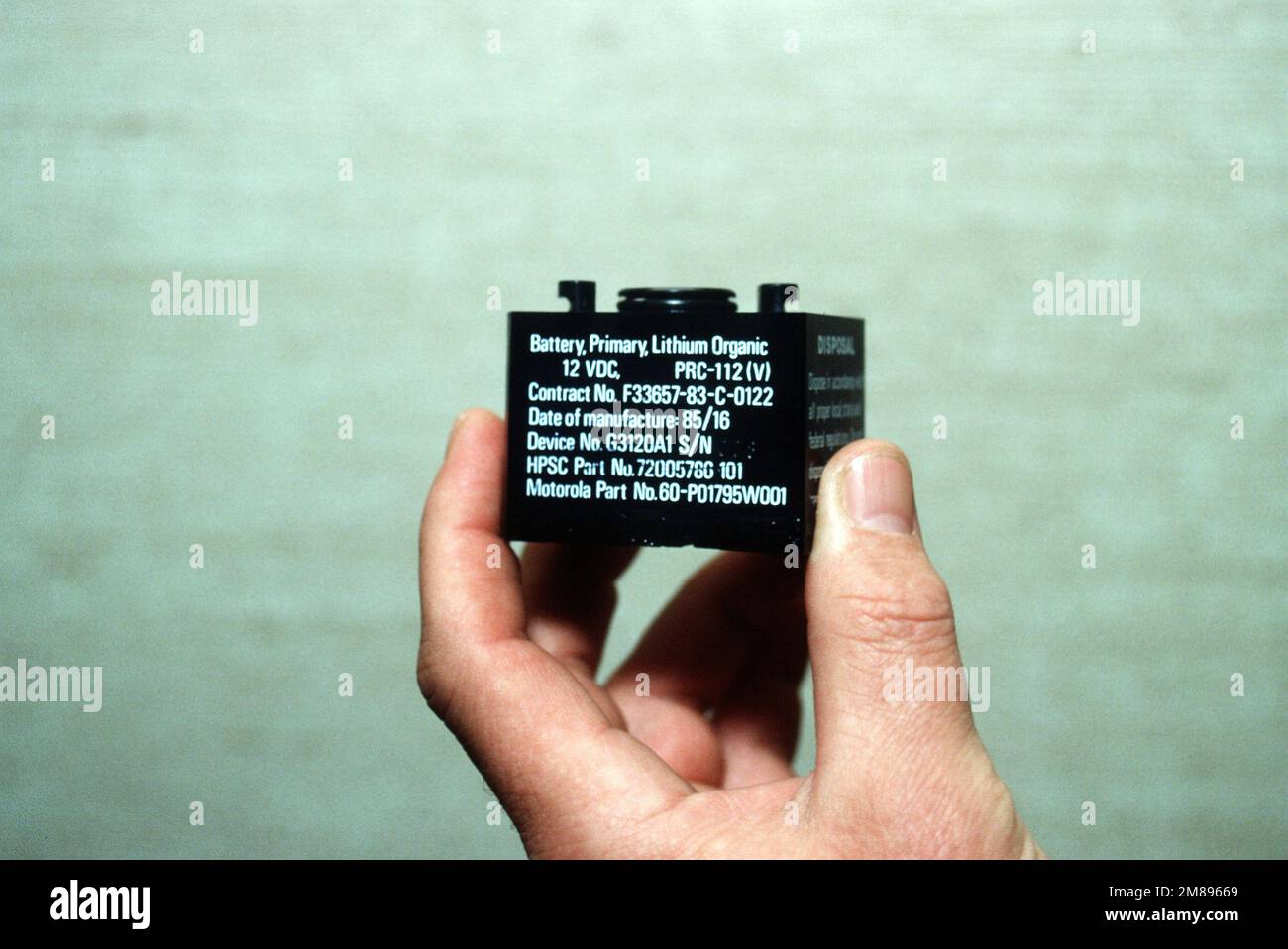 A close-up view of a lithium sulfur dioxide battery for the AN/PRC-112 ...