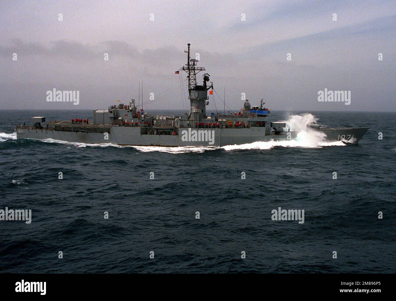 A starboard beam view of the frigate USS BADGER (FF-1071) underway in ...