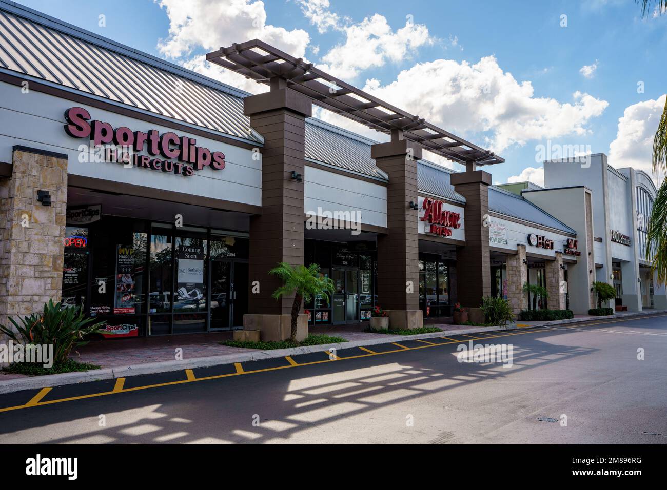 Davie, FL, USA - January 12, 2023: Photo of shops and restaurants at Tower Shops outdoor mall ...