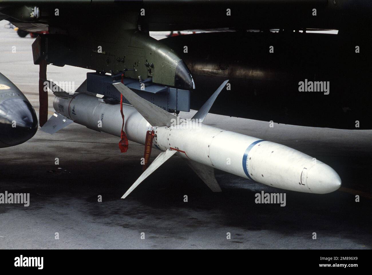 A view of an AGM-88 HARM high-speed anti-radiation missile mounted ...