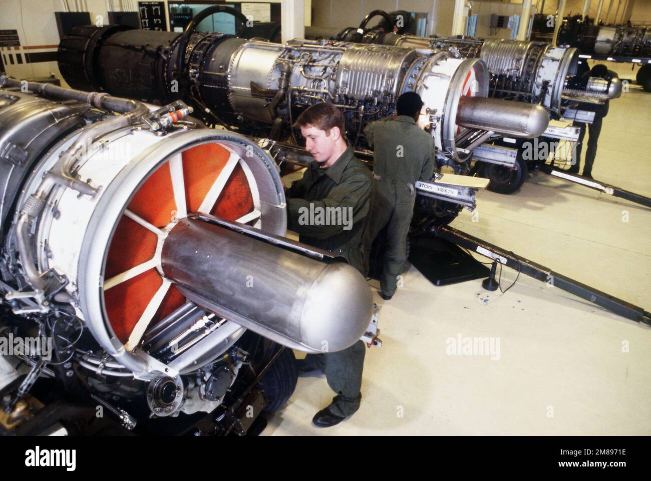 Members of the 37th Component Repair Squadron inspect two J-79 turbojet ...