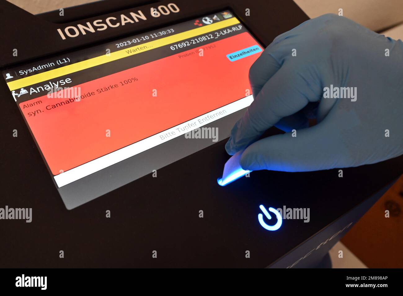 Bruchsal, Germany. 10th Jan, 2023. A swab containing a wipe sample of a ...