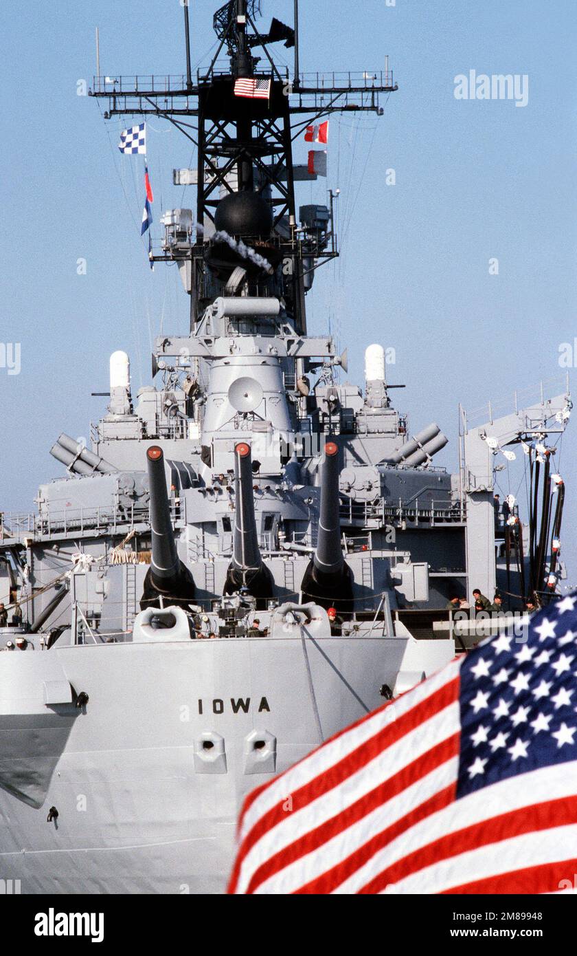 A close-up stern view of the battleship USS IOWA (BB 61) as seen from a ...