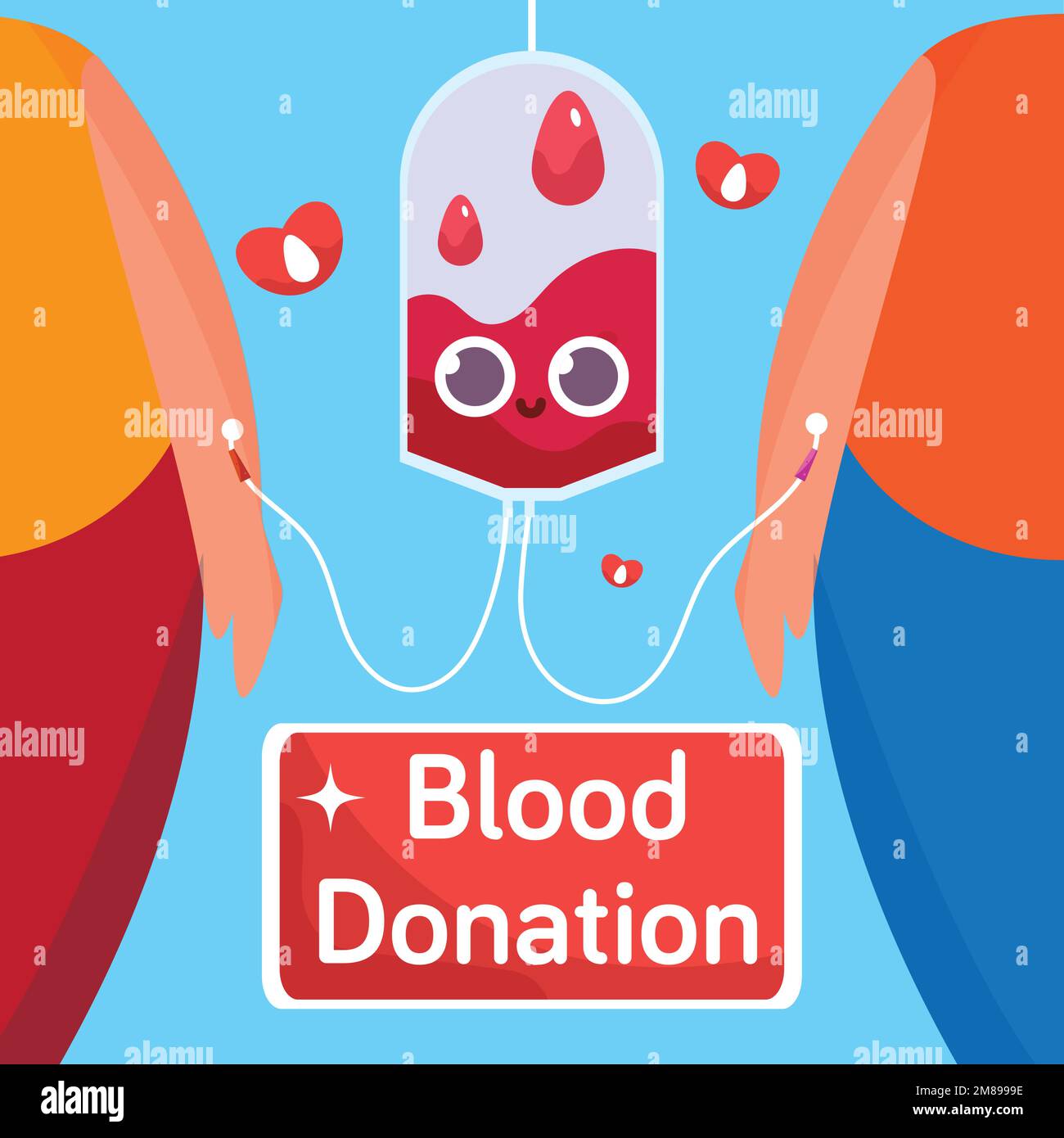 Cute blood bag connected to a pair of arms Blood donation concept ...