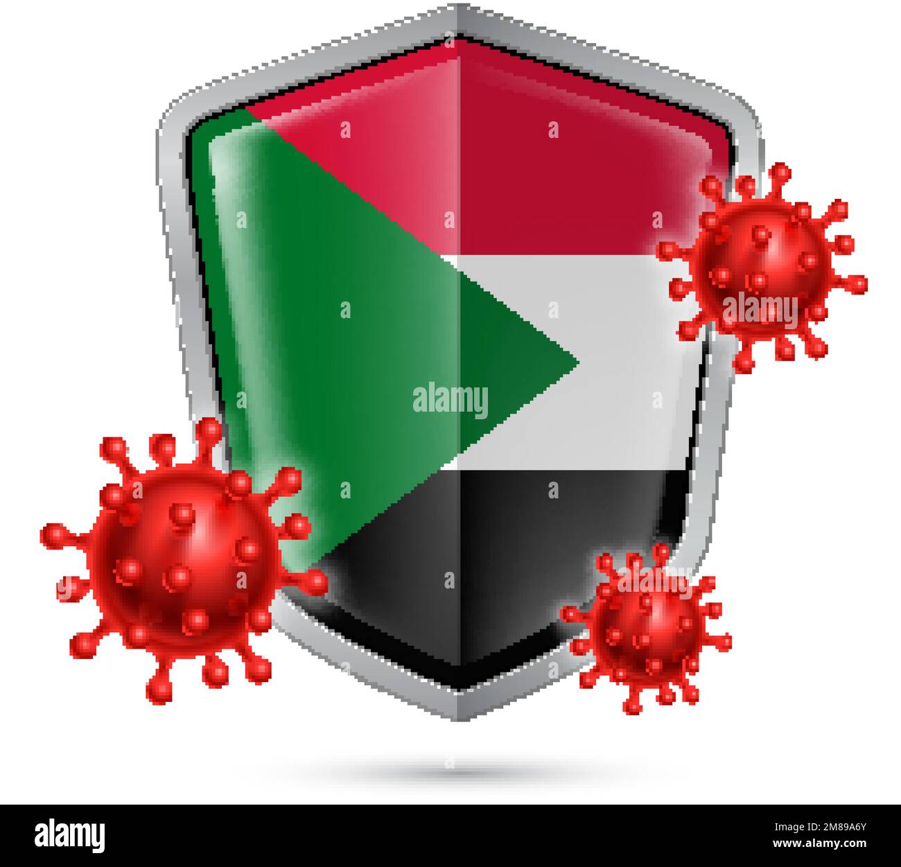 Flag of Sudan on Metal Shiny Shield Icon and Red Corona Virus Cells ...