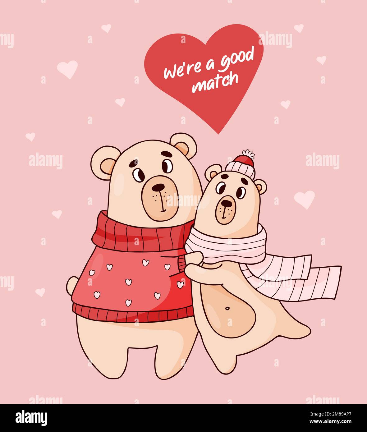 Couple romantic bears in love with hearts. Cute Valentines card. Were a ...