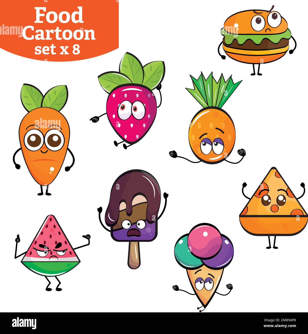 Set of cute food and fast food cartoon characters Vector Stock Vector ...