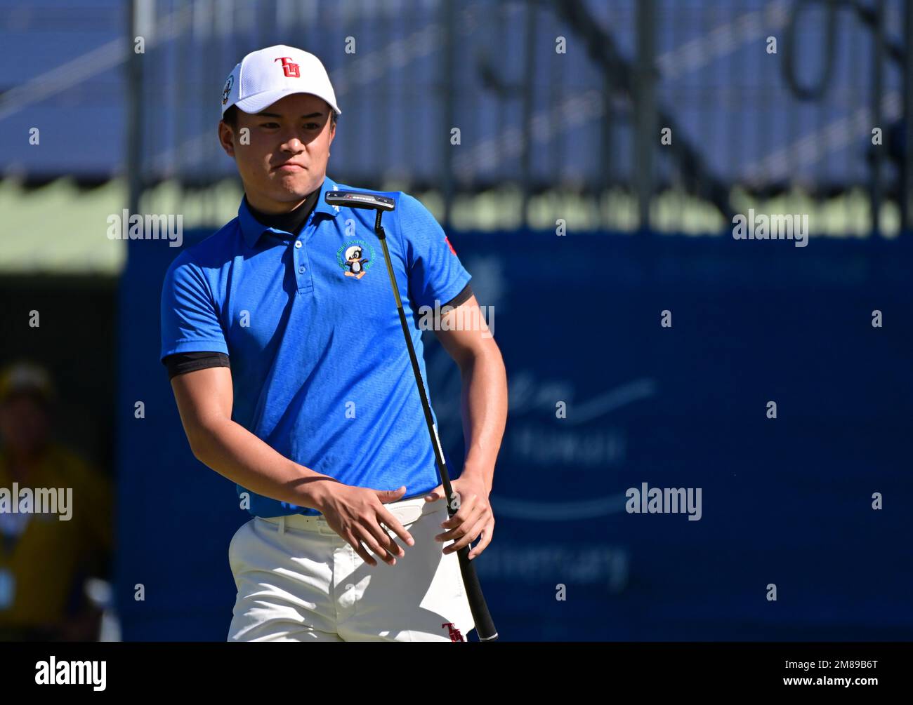 Honolulu, Hawaii, USA. 12th Jan, 2023. KOHEI OKADA reacts to his putt at the 9th green during ...