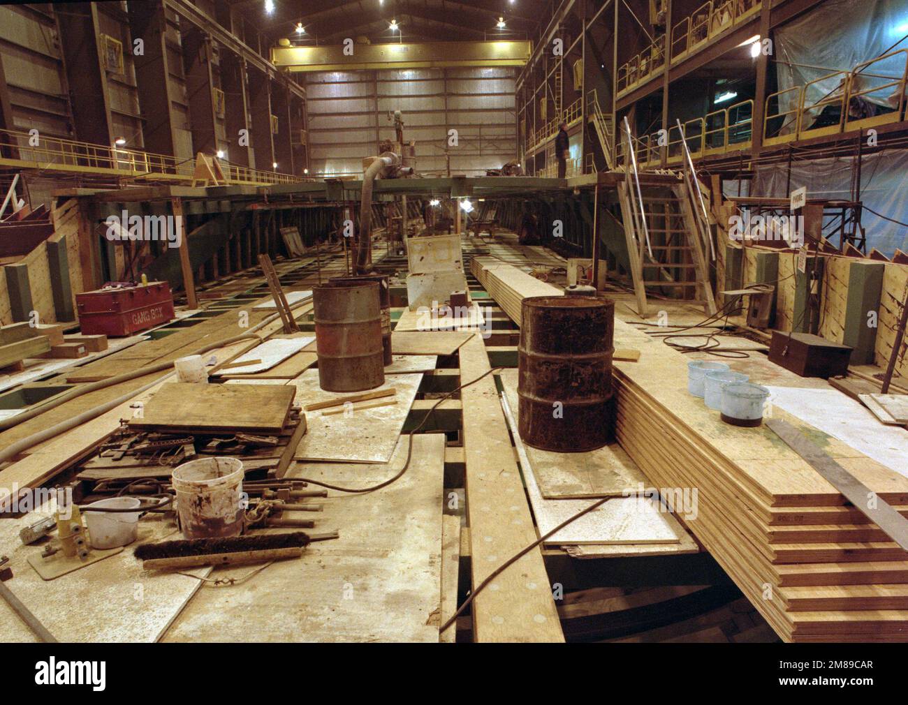 A view of the aft deck on centerline looking forward aboard the mine ...