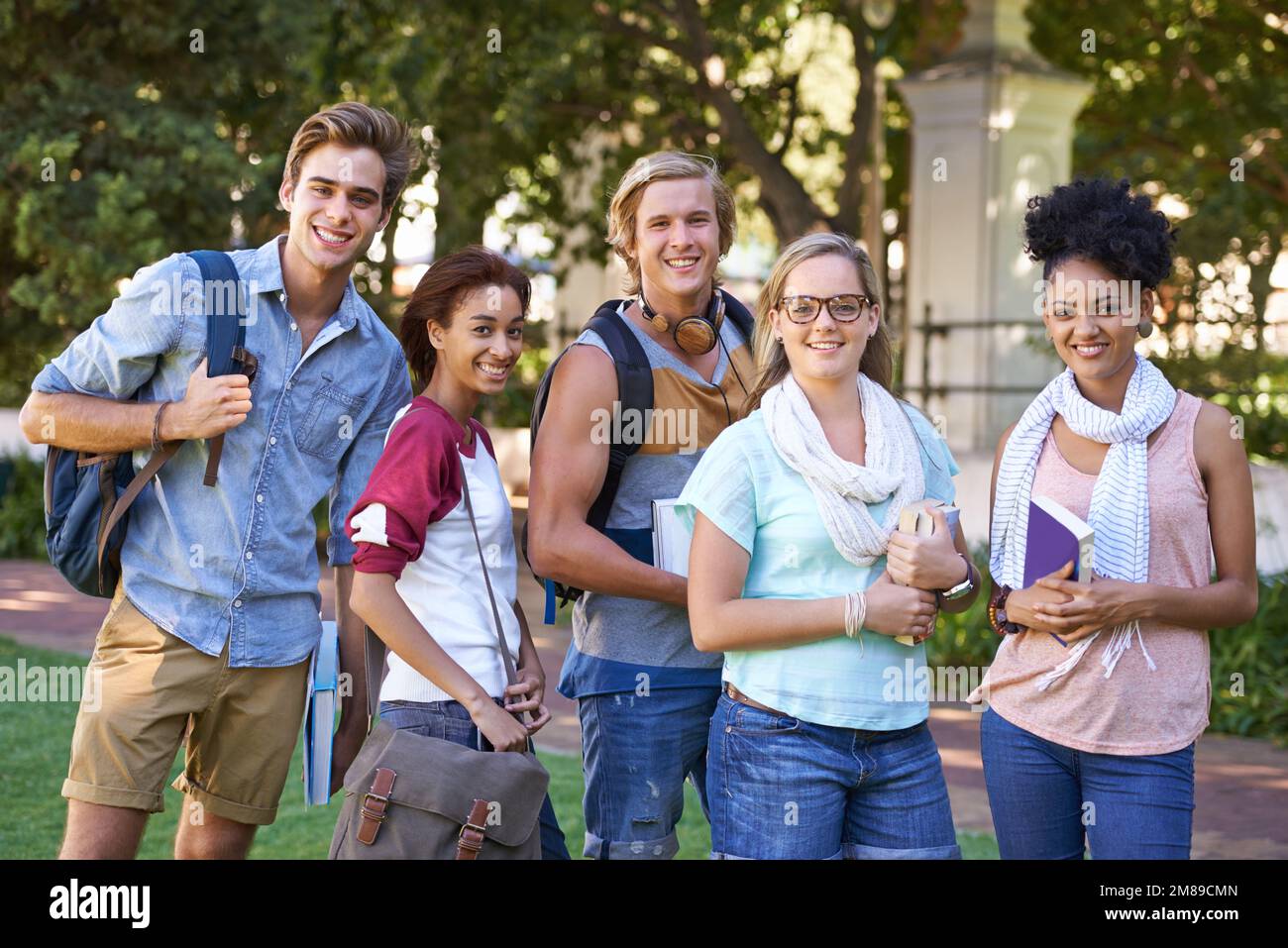 Getting through college together. Portrait of a group of smiling ...