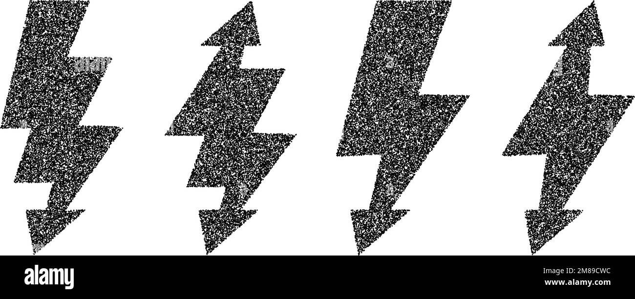 Grunge lightning bolt set. Black noise texture thunderbolt collection ...