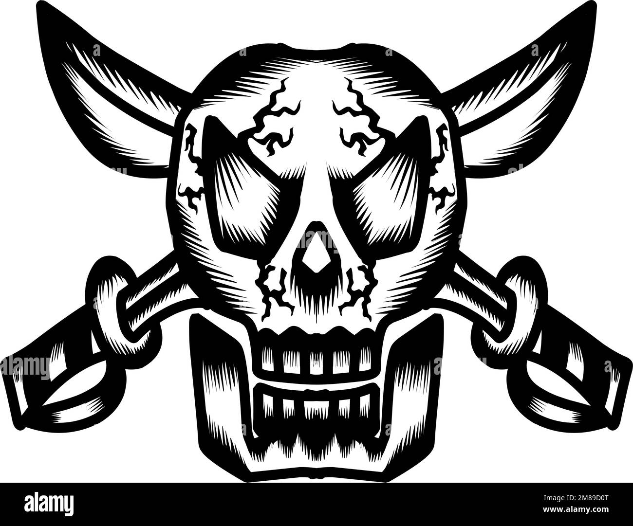 Scary grinning skull with sword isolated on white background Stock ...