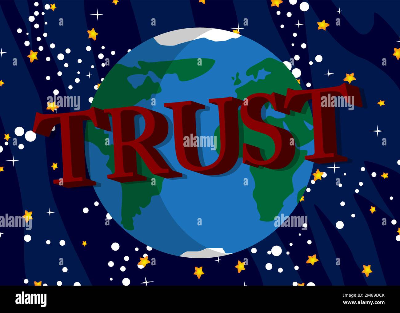 Planet Earth with Trust text. Cartoon Space, cosmos. Vector cartoon ...