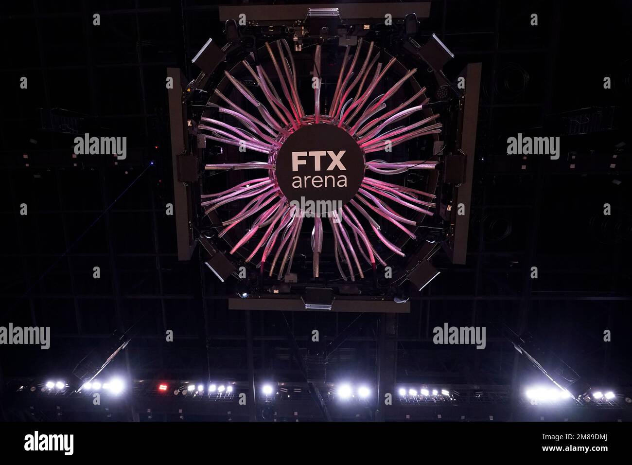 The FTX Arena logo is shown under the scoreboard after the end od an ...