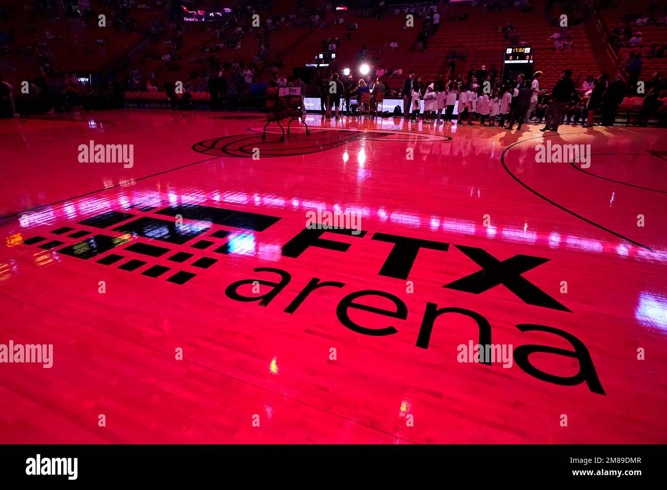 The logo for the FTX Arena is shown on the court before the start of an NBA basketball game ...
