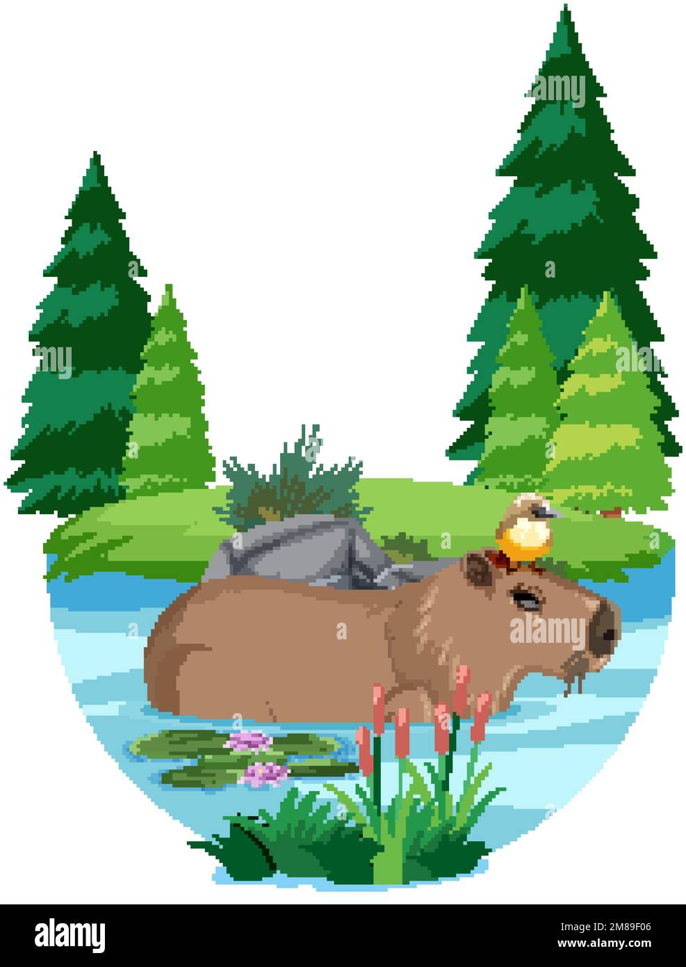 Capybara in pond nature background illustration Stock Vector Image ...