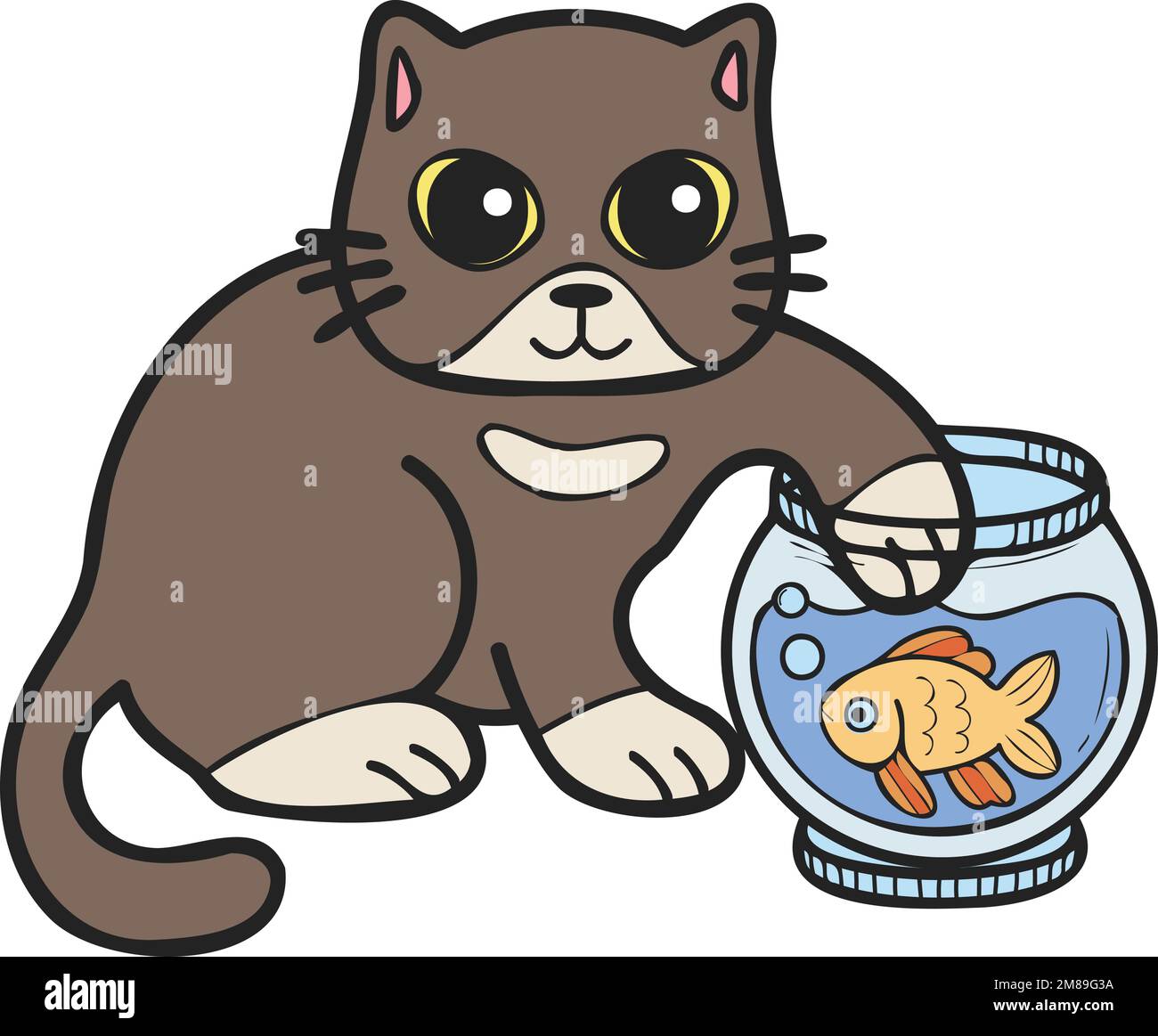 Hand Drawn cat playing with fish illustration in doodle style isolated ...