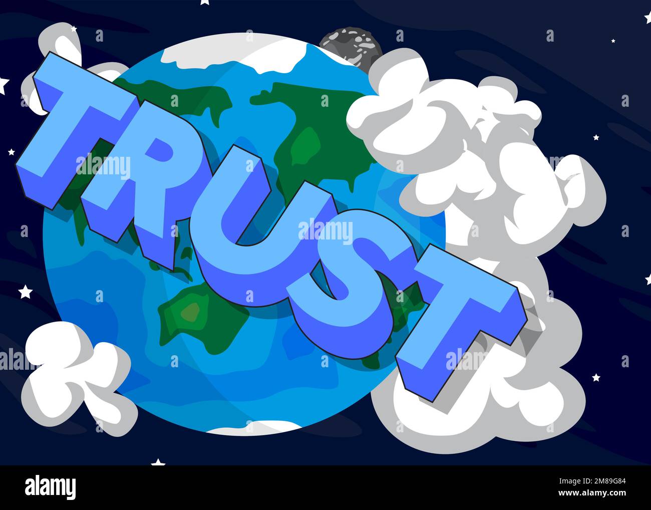 Planet Earth with Trust text. Cartoon Space, cosmos. Vector cartoon ...