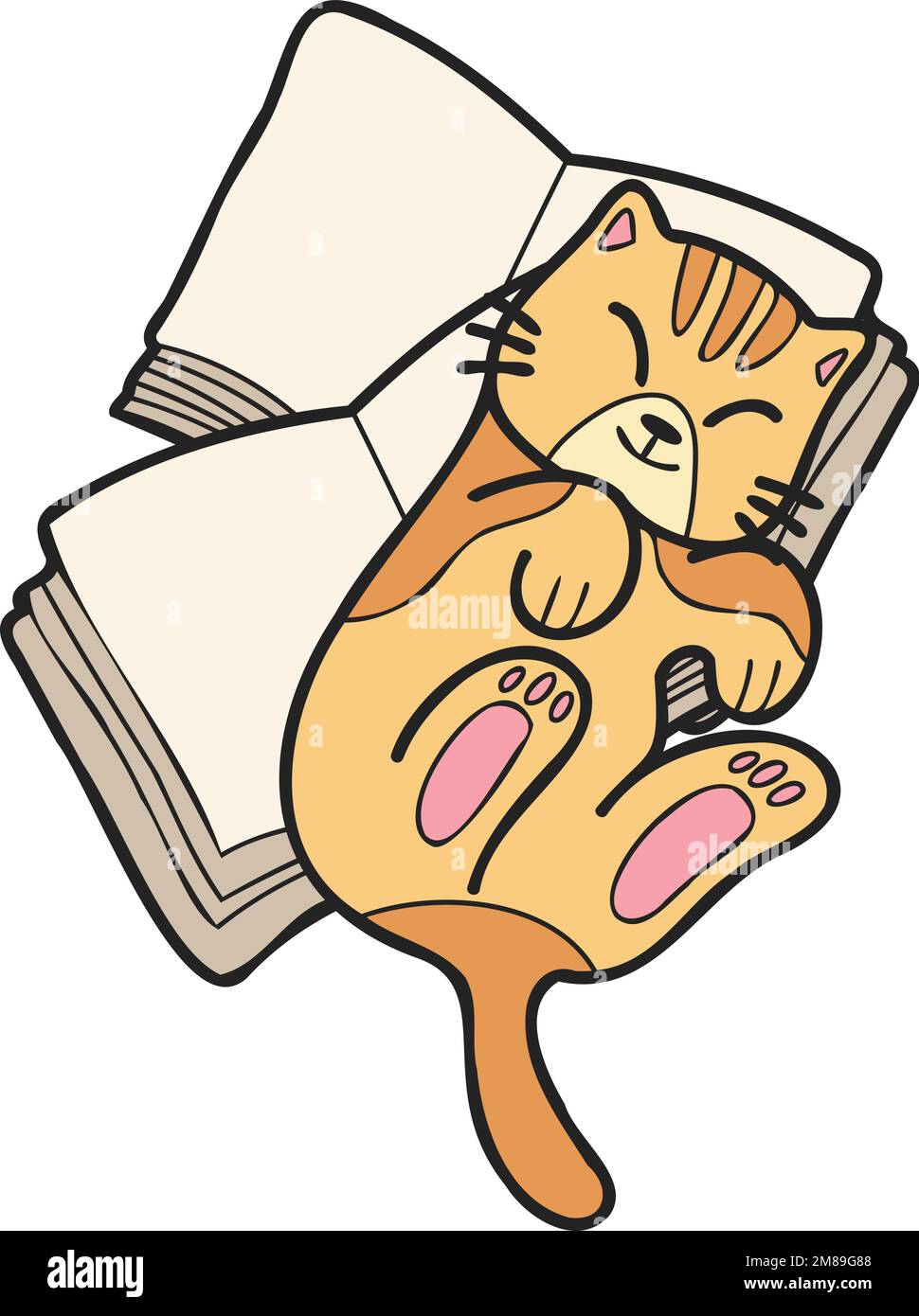 Hand Drawn striped cat lying on stack of books illustration in doodle ...