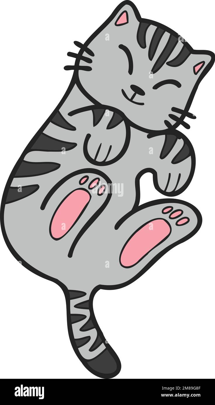 Hand Drawn Sleeping striped cat showing belly illustration in doodle ...