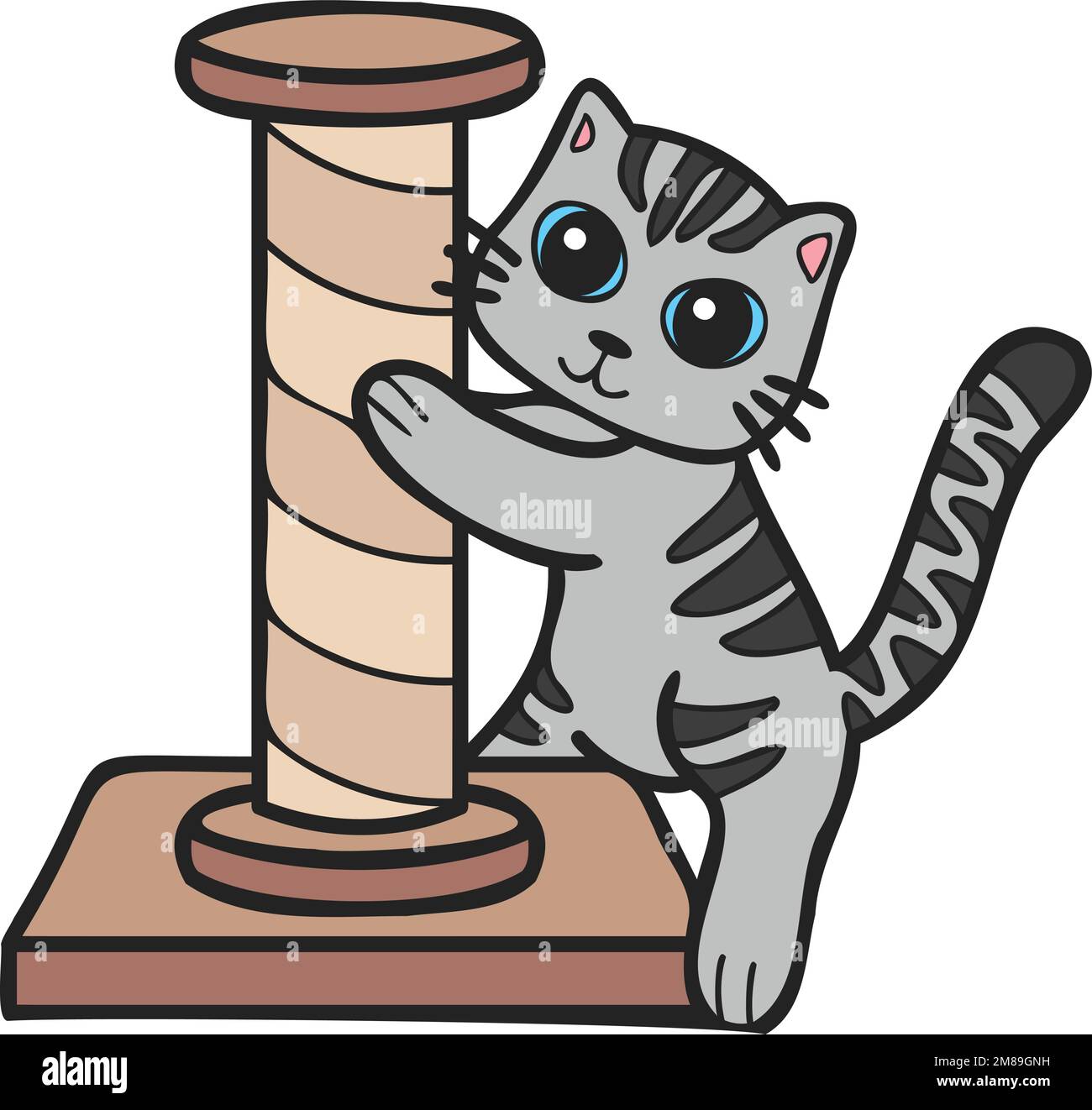 Hand Drawn striped cat with cat climbing pole illustration in doodle ...