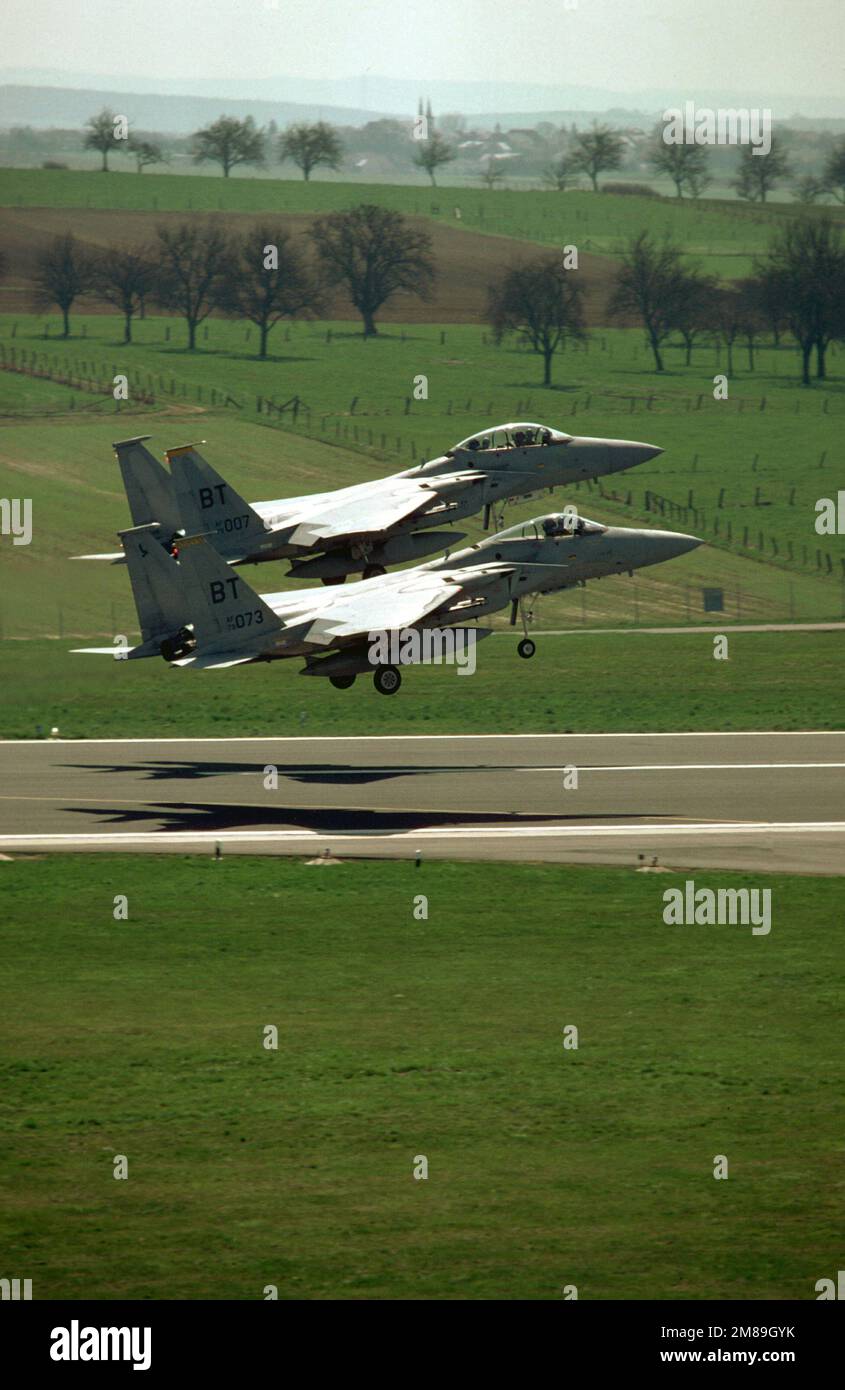 Two F-15 Eagle aircraft takeoff from Bitburg Air Base. Country ...