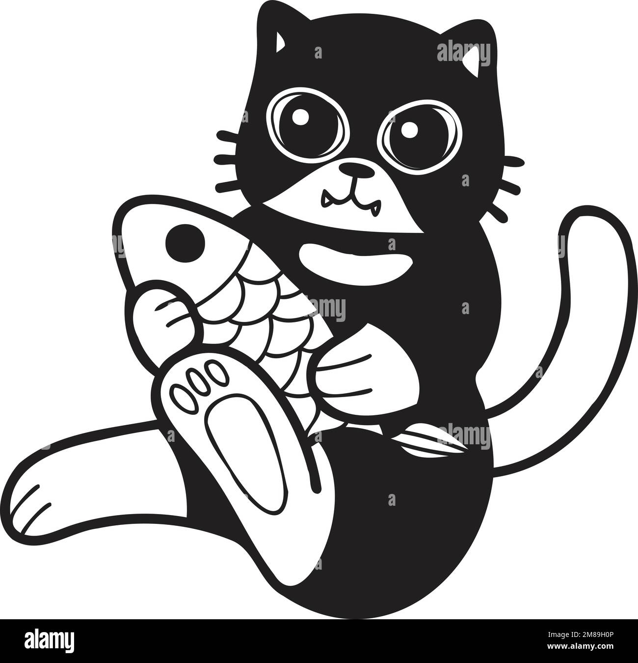 Hand Drawn cat eating fish illustration in doodle style isolated on ... Hand Drawn cat eating fish illustration in doodle style isolated on ...