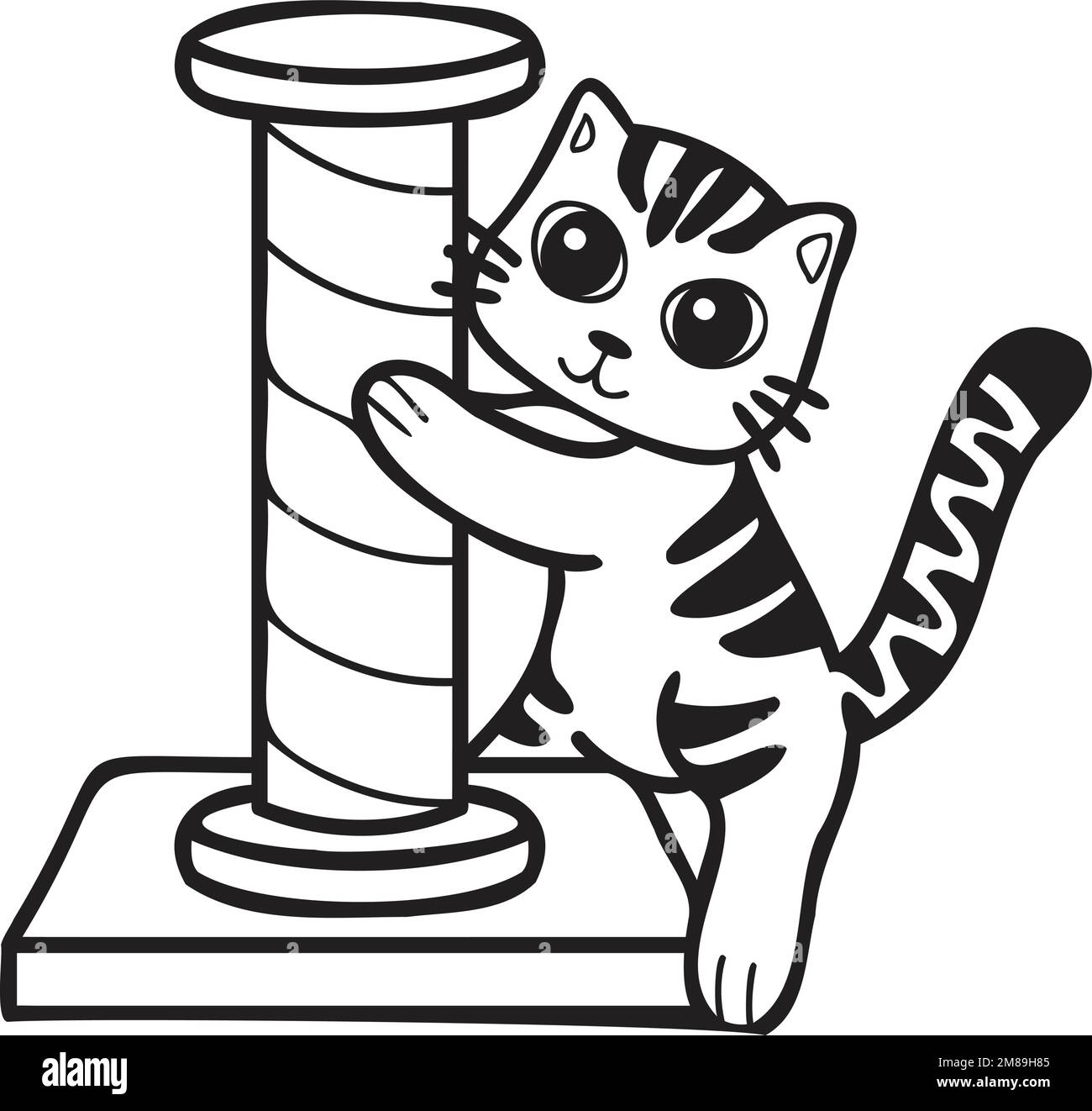 Hand Drawn striped cat with cat climbing pole illustration in doodle ...
